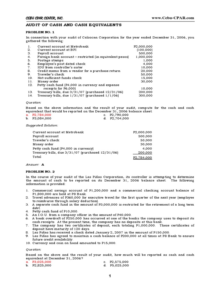 Audit of Cash and Equivalents Overview | PDF
