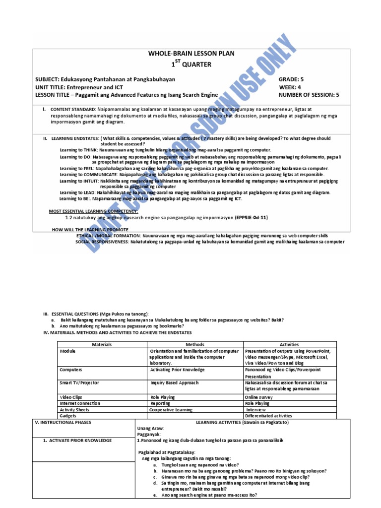 Whole Brain Lesson Plan ICT 5 Week 4 | PDF
