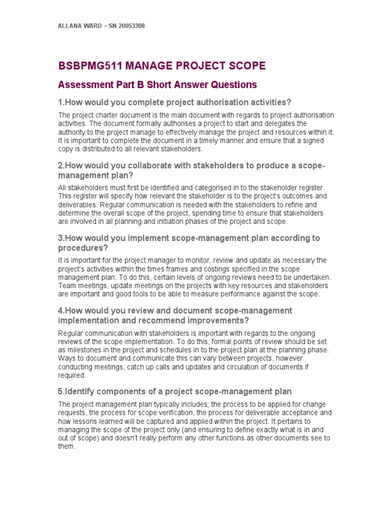 Bsbpmg511 Manage Project Scope: Assessment Part B Short Answer ...
