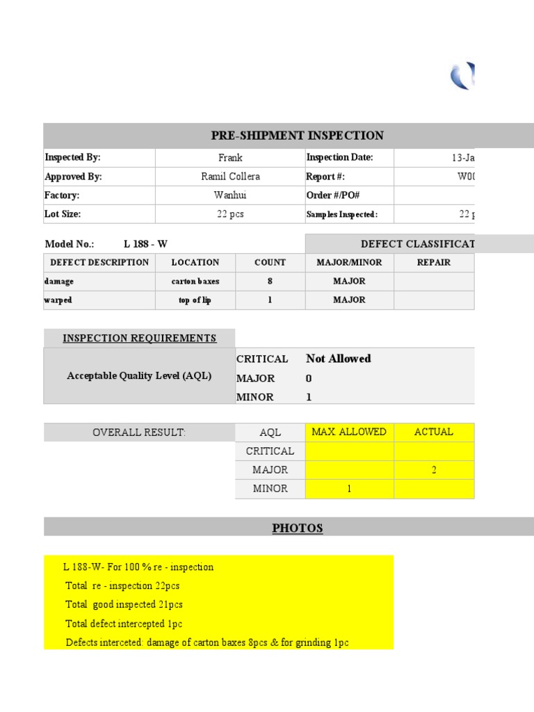 Pre-Shipment Inspection: Inspected By: Inspection Date: Approved By ...