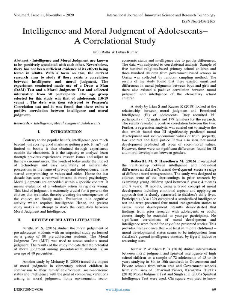 Intelligence and Moral Judgment of Adolescents - A Correlational Study | PDF | Correlation And ...