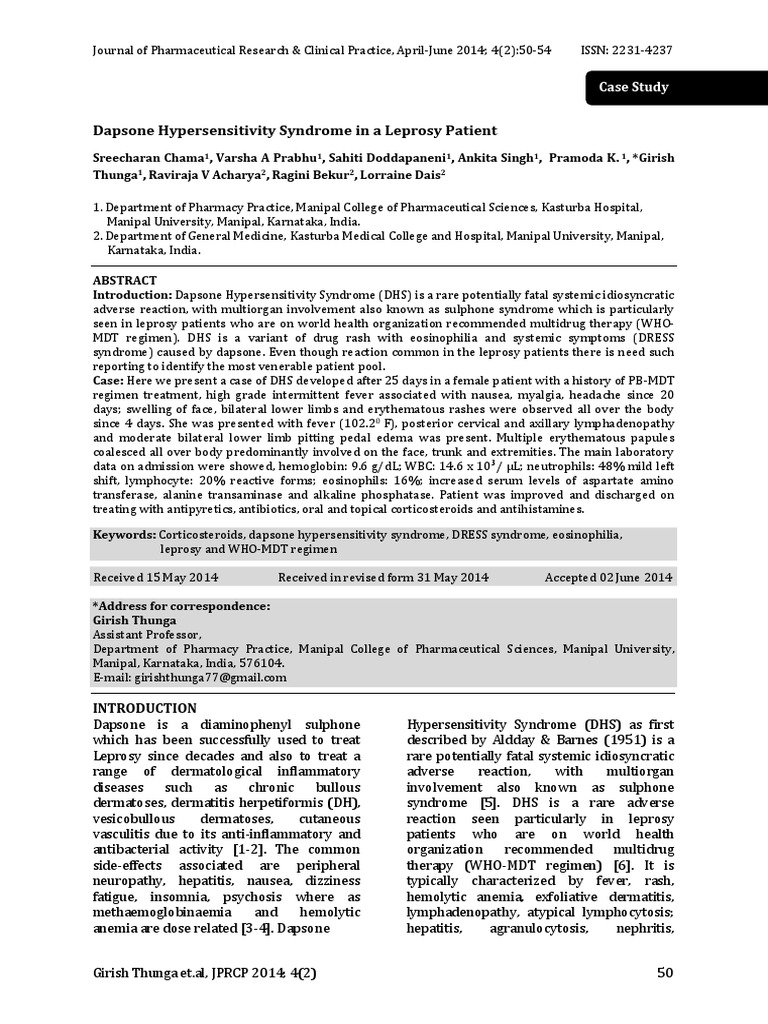Dapsone Hypersensitivity in Leprosy Patient | PDF | Medical Specialties ...