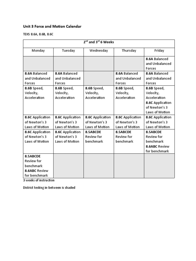 Unit 3 Force and Motion Calendar | PDF