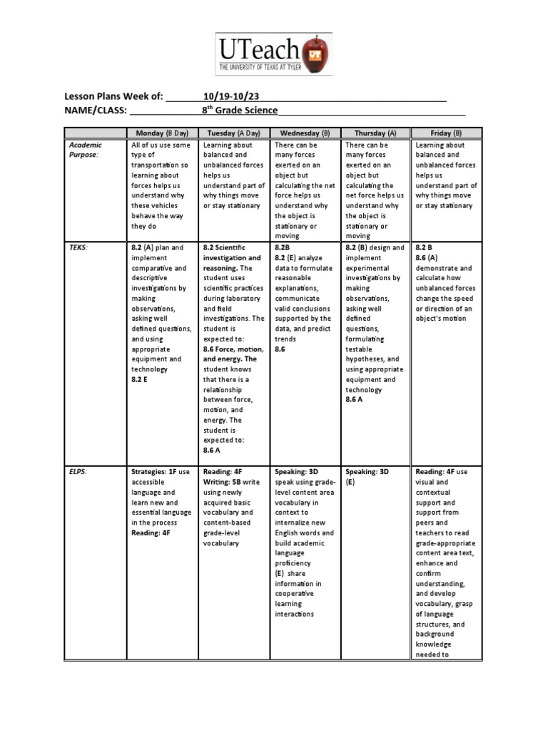 Lesson Plans Week Of: - 10/19-10/23 - Name/Class: 8 Grade Science | PDF ...
