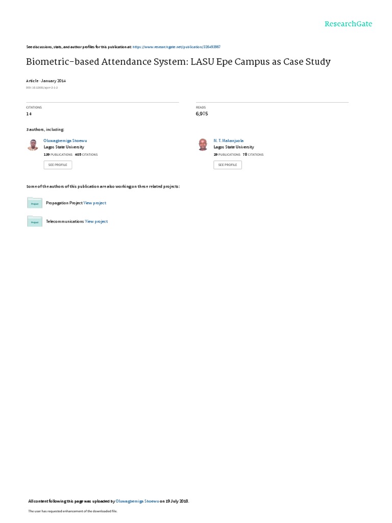 Biometric-Based Attendance System LASU E PDF | PDF | Biometrics | Fingerprint