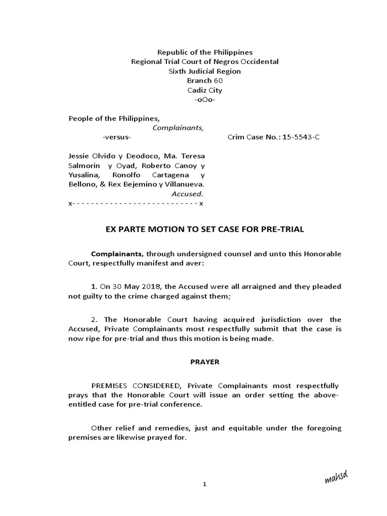 Ex Parte Motion To Set Case For Pre Trial | PDF | Common Law | Justice