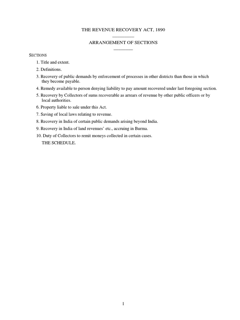 The Revenue Recovery Act, 1890 - Arrangement of Sections | PDF ...