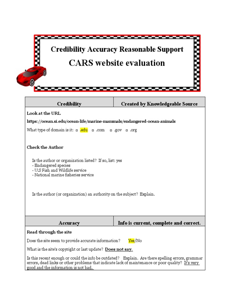 CARS Website Evaluation: Credibility Accuracy Reasonable Support | PDF ...
