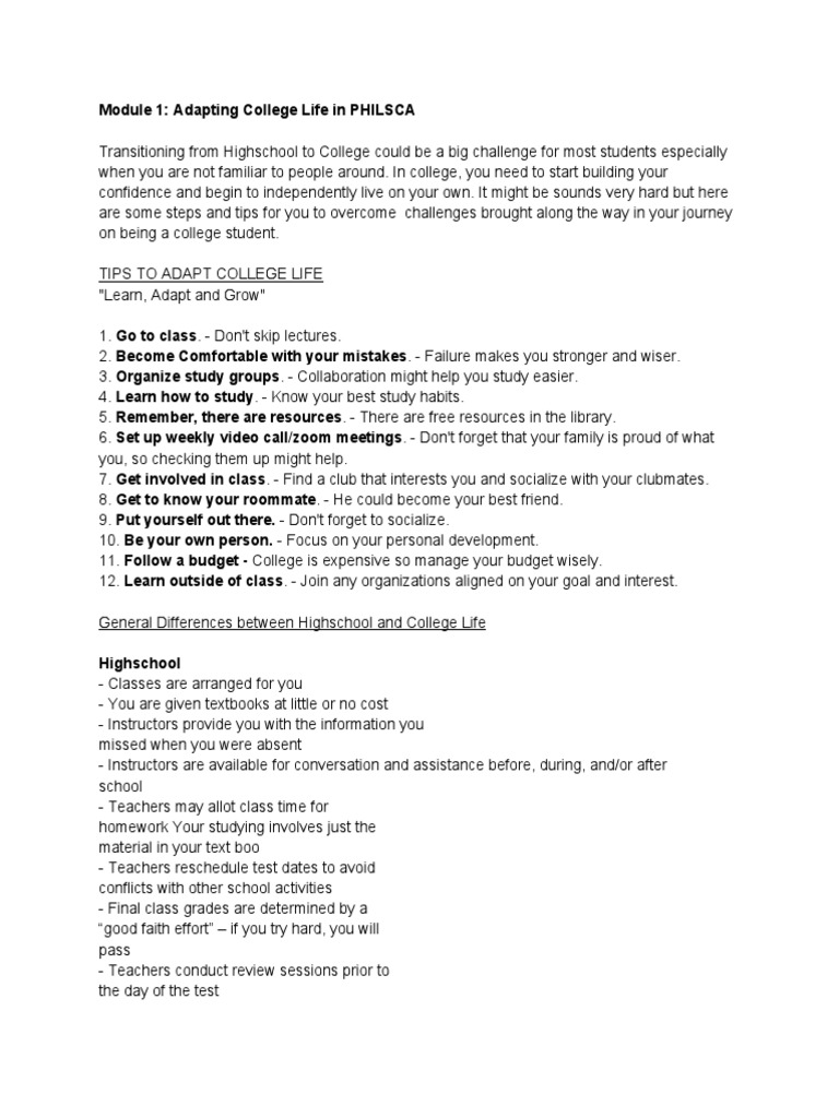 Module 1: Adapting College Life in PHILSCA | PDF | Homework | Teachers