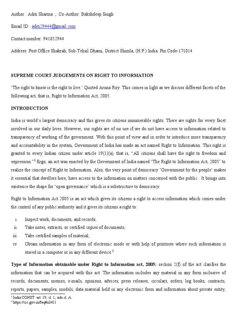SUPREME COURT JUDGEMENTS ON RIGHT TO INFORMATION - Full Paper | PDF ...
