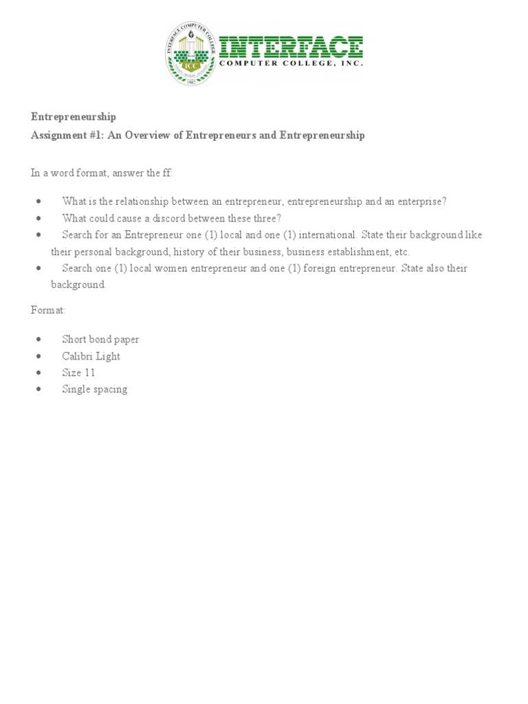 Entrepreneurship Assignment #1: An Overview of Entrepreneurs and ...
