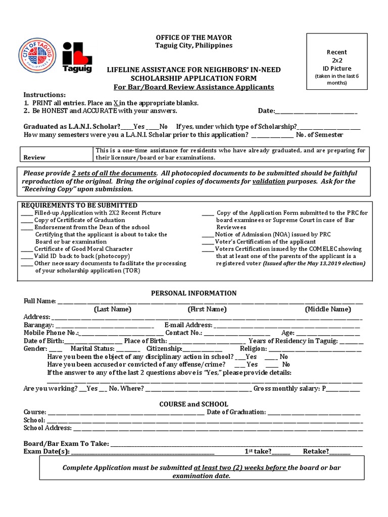 Lifeline Assistance For Neighbors' In-Need Scholarship Application Form ...