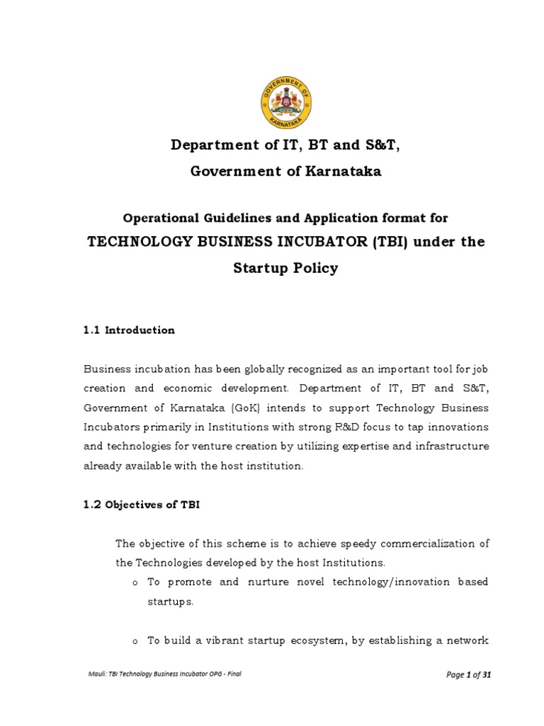 TBI Operational Guidelines | PDF | Business Incubator | Startup Company