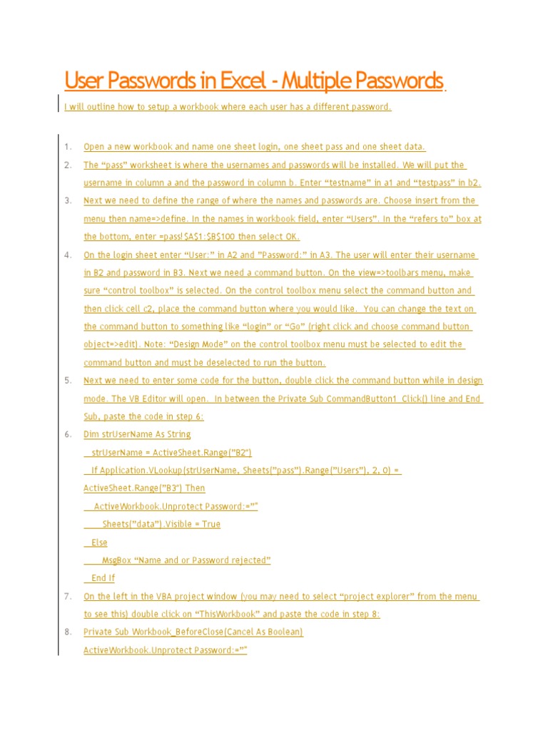 Set user passwords in Excel workbook | PDF | Microsoft Excel | Password