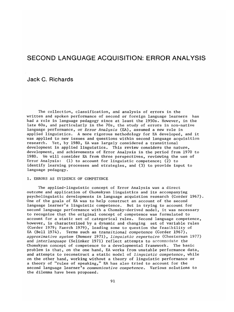 Second Language Acquisition: Error Analysis: Jack C. Richards | PDF | Second Language | Second ...