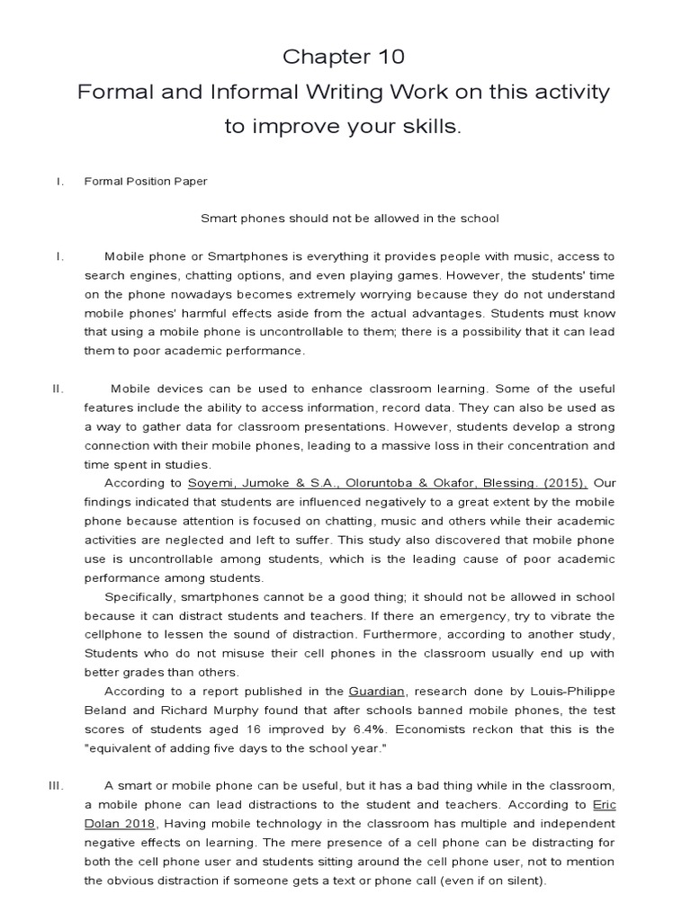 Chapter 10 Formal and Informal Writing Work On This Activity To Improve ...