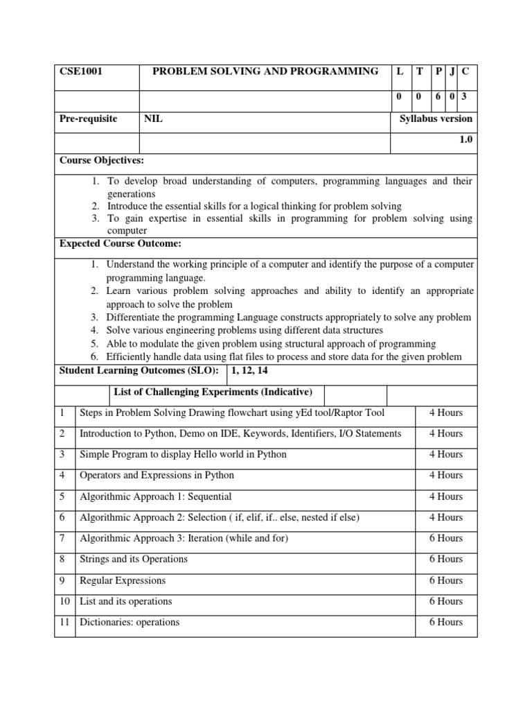 CSE1001 Problem Solving and Programming L T P J C | PDF