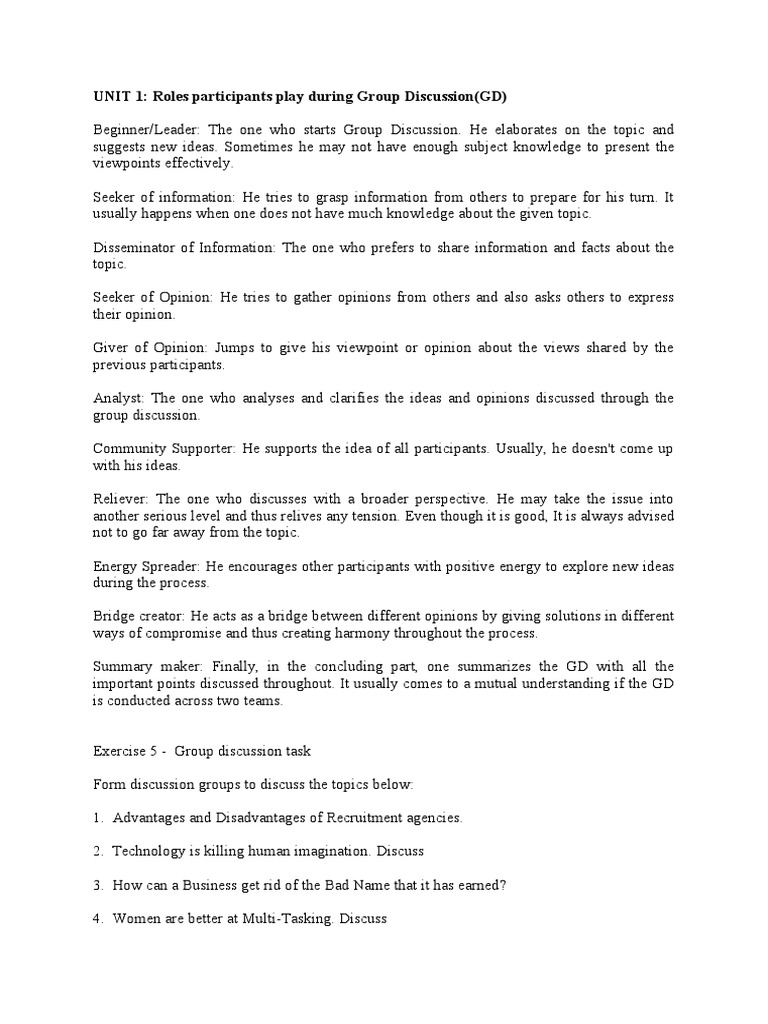 UNIT 1: Roles Participants Play During Group Discussion (GD) | PDF ...