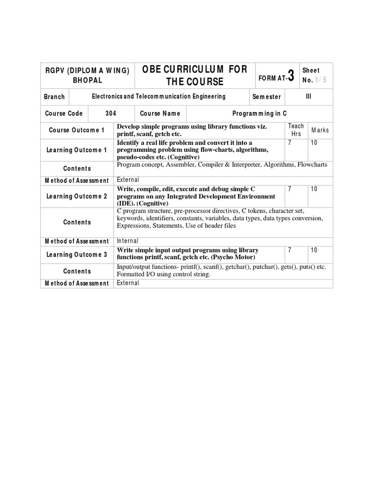 Obe Curriculum For The Course Rgpv Diploma Wing Bhopal Pdf Pointer Computer Programming 