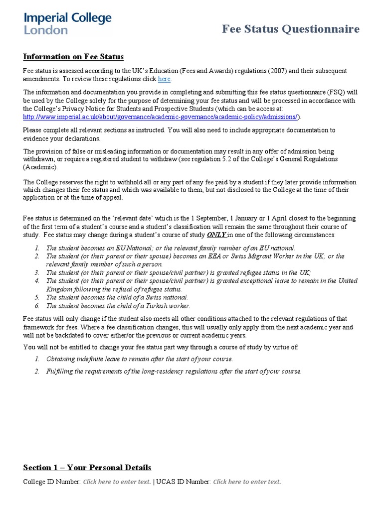 Fee Status Questionnaire | PDF | Social Institutions | Social Science