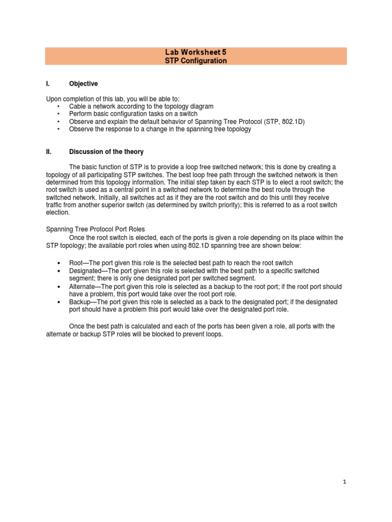 Lab Worksheet 5: STP Configuration | PDF | Telecommunications | Networks
