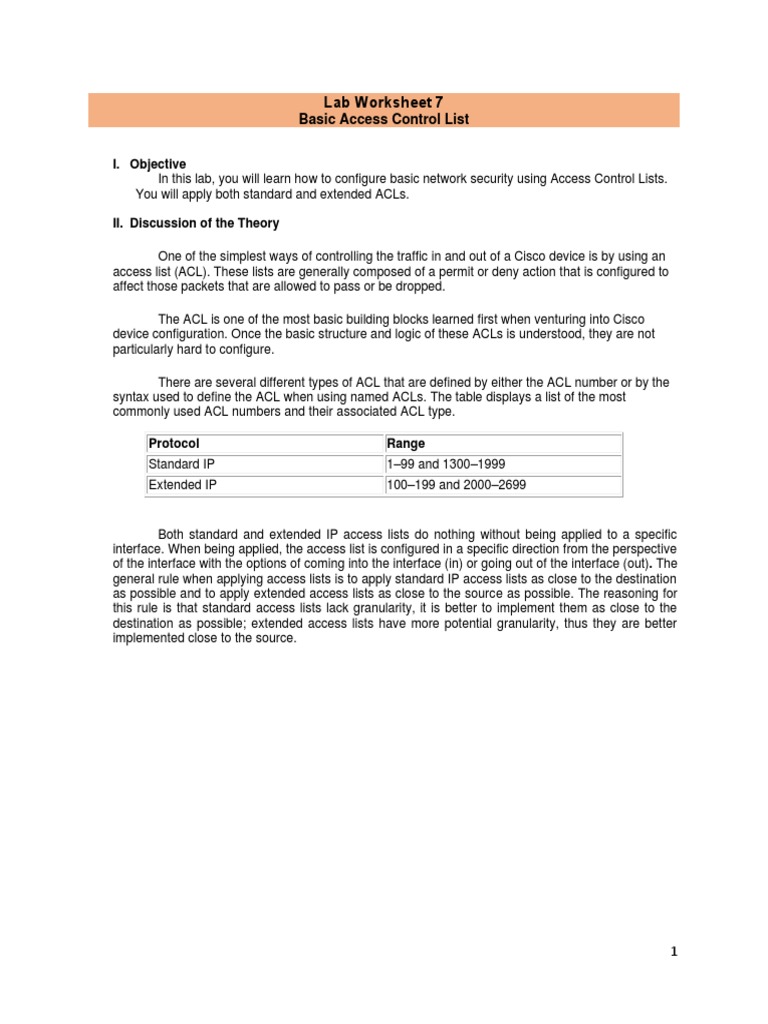 Lab Worksheet 7: Basic Access Control List | PDF | Internet Protocols | Computer Network