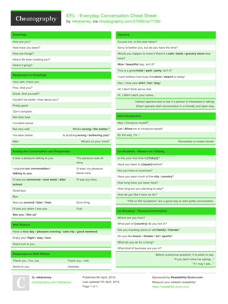EFL - Everyday Conversation Cheat Sheet: by Via | PDF