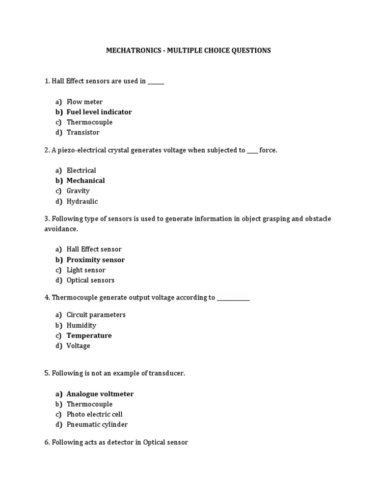 Mechatronics - Multiple Choice Questions | PDF | Actuator | Sensor