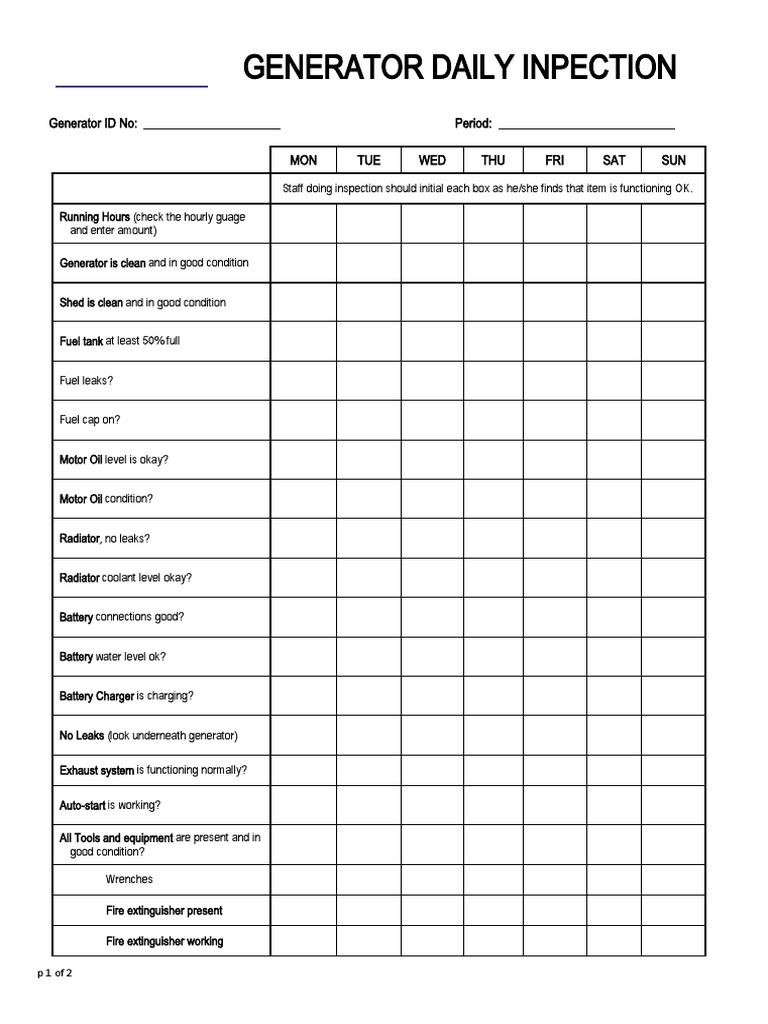Generator Daily Inpection: Generator ID No: Period: MON TUE WED THU FRI ...