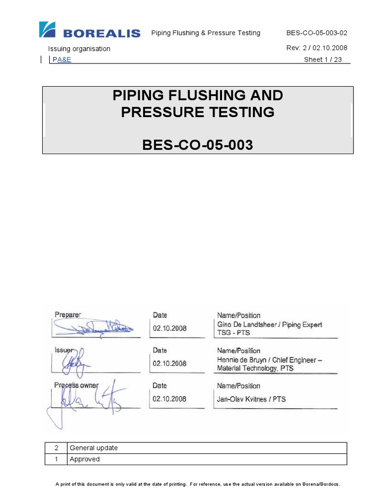 BES-CO-05-003 Piping Flushing and Pressure Testing | PDF | Pipe (Fluid ...