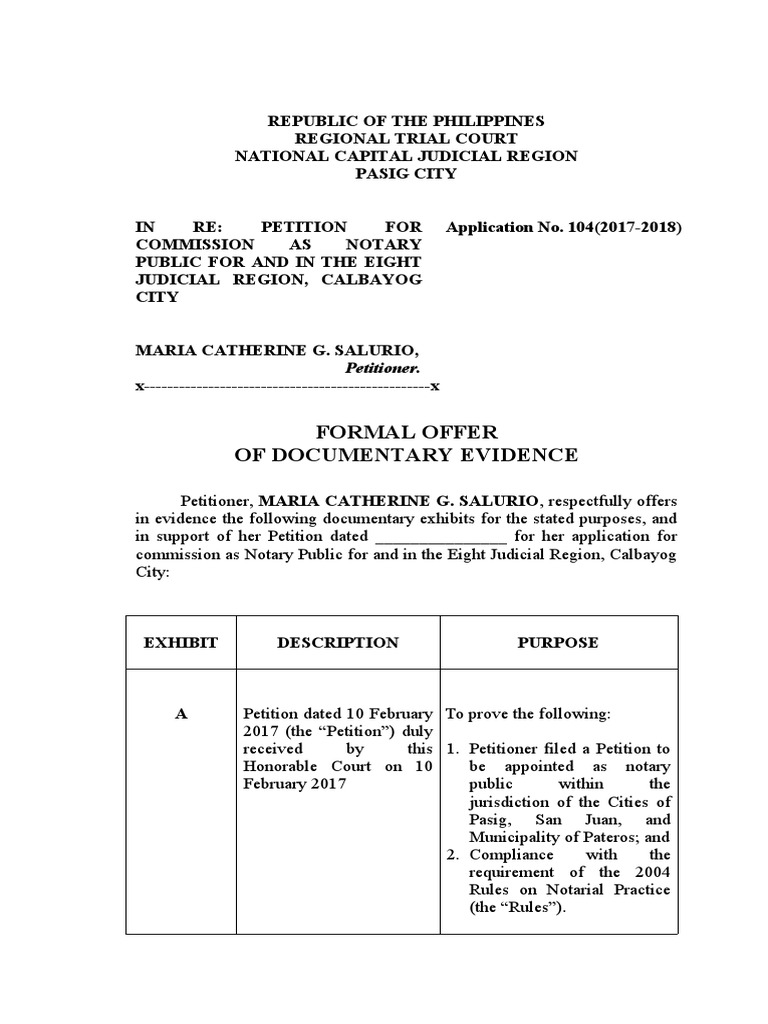 Formal Offer of Documentary Evidence: Petitioner | PDF | Notary Public ...