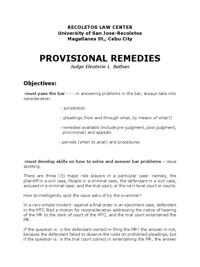 USJ-R Provisional Remedies PDF | PDF | Service Of Process | Security ...