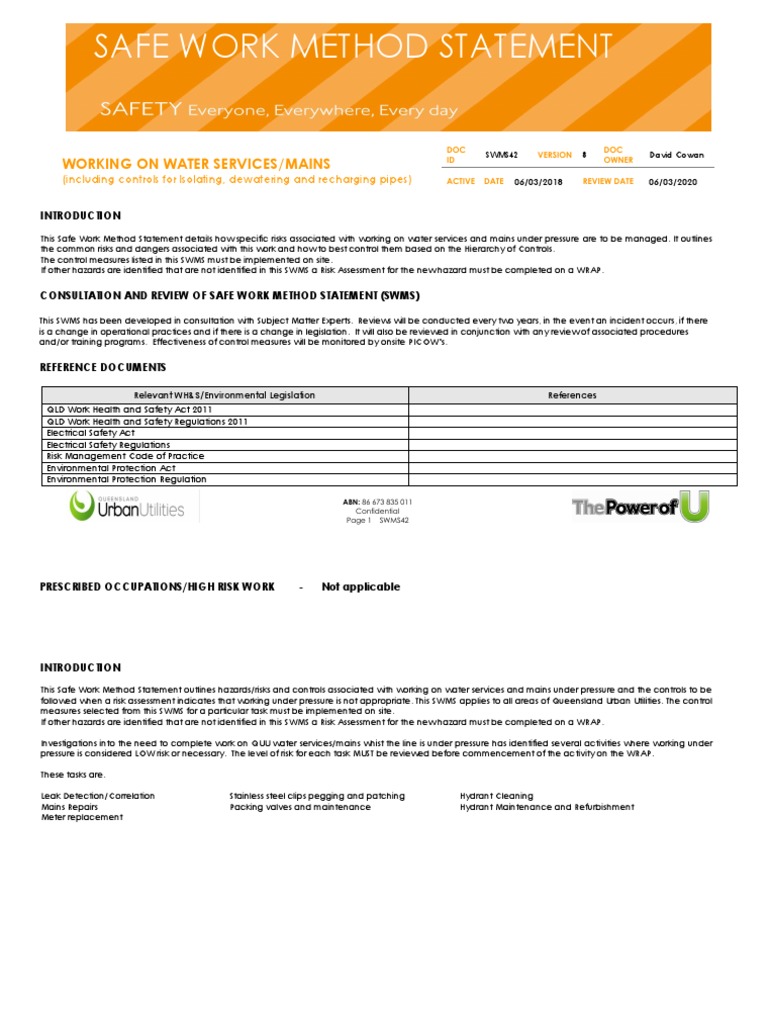 SWMS42 Working On Water Mains | PDF | Occupational Safety And Health ...