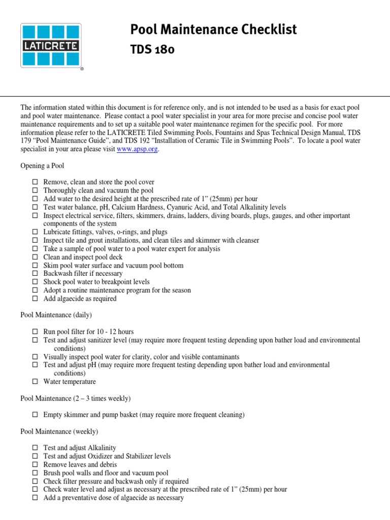 Pool Maintenance Checklist | PDF | Alkalinity | Water