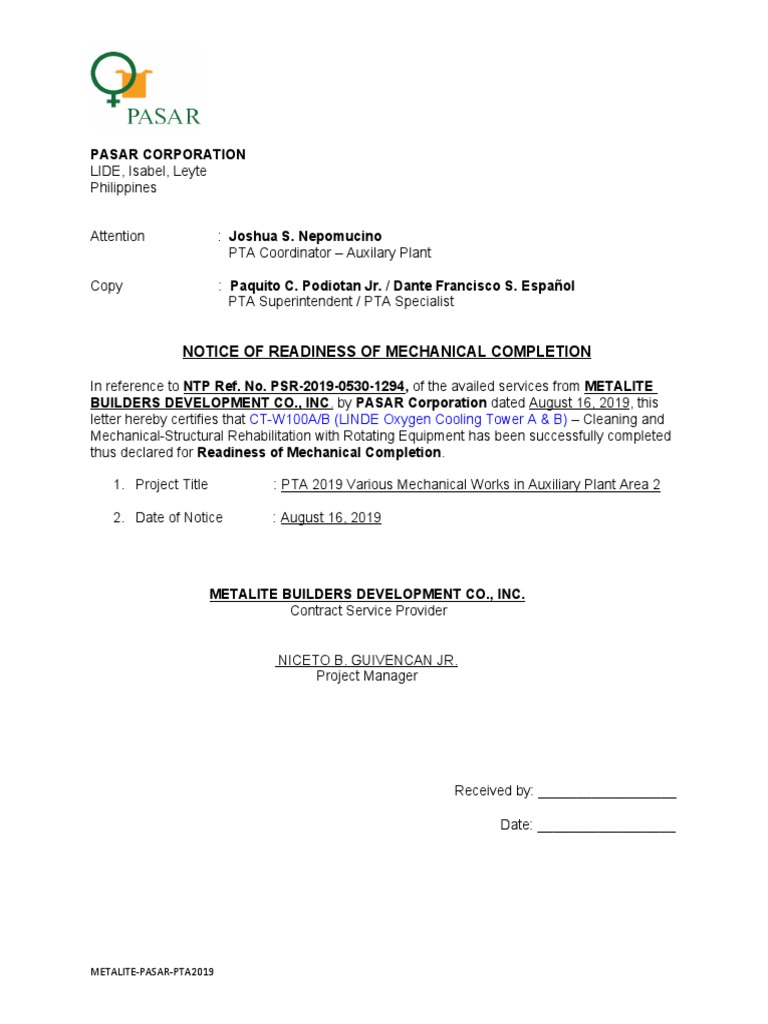 Notice of Readiness of Mechanical Completion: Pasar Corporation | PDF