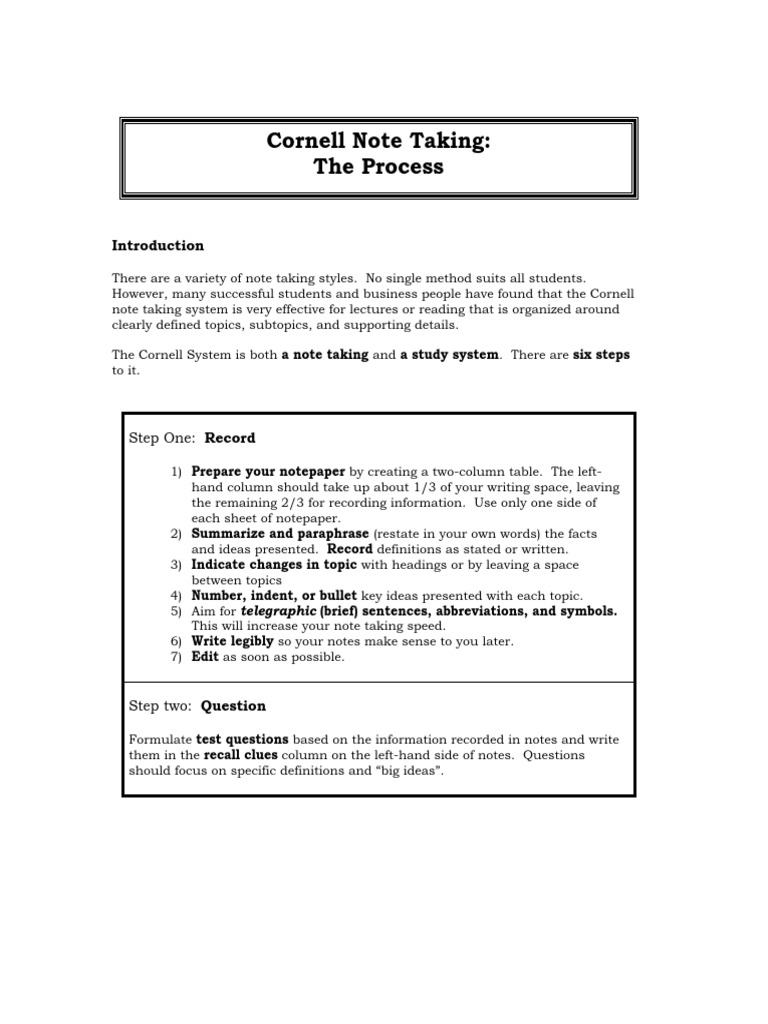 Cornell Note Taking System | PDF | Recall (Memory) | Memory