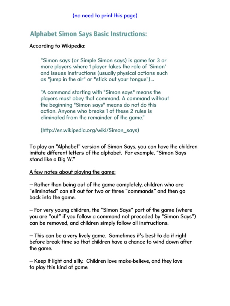 Alphabet Simon Says Basic Instructions:: (No Need To Print This Page ...