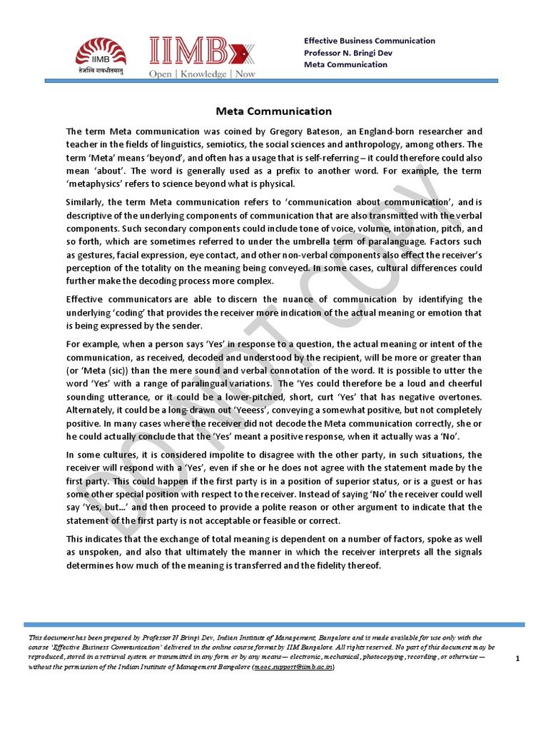 Meta Communication PDF | PDF | Nonverbal Communication | Body Language