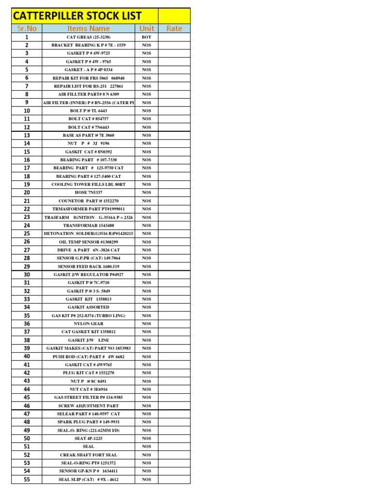 Catterpiller Stock List: SR - No Items Name Unit Rate | PDF | Joining ...