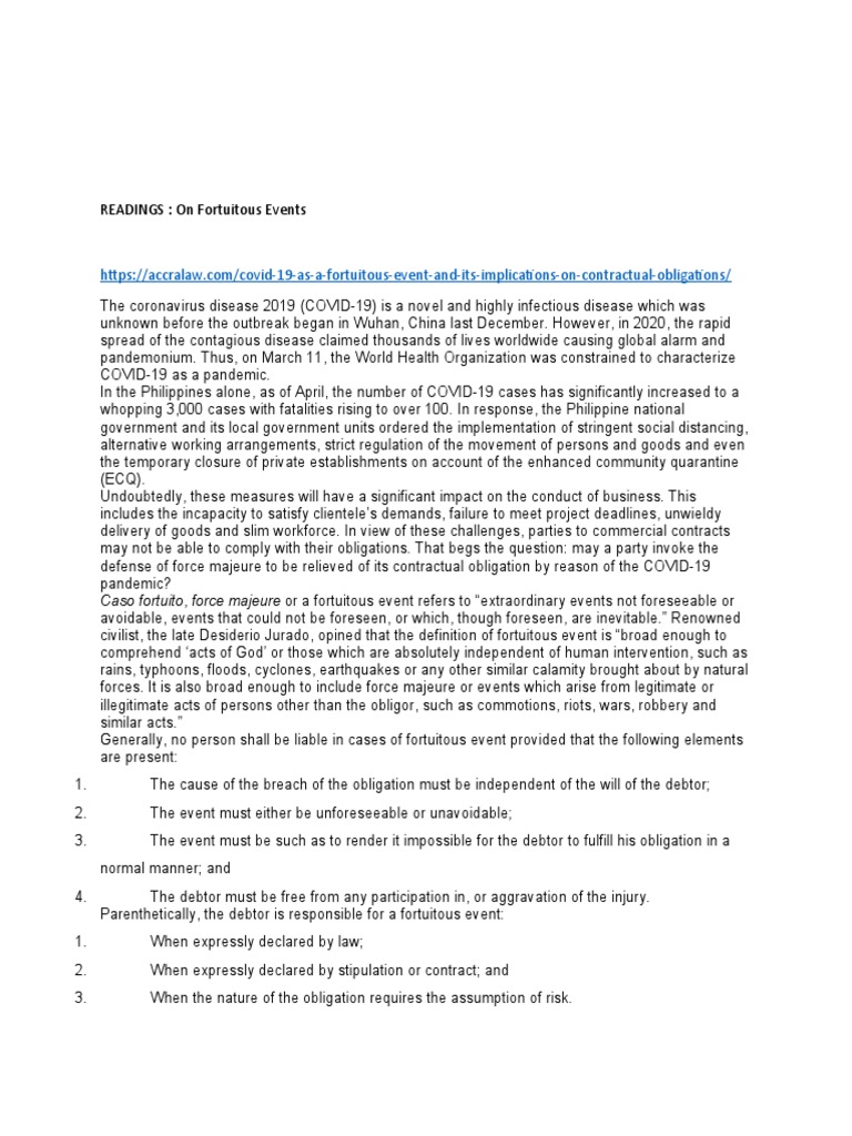 READINGS On Fortuitous Events | PDF | Law Of Obligations | Breach Of ...