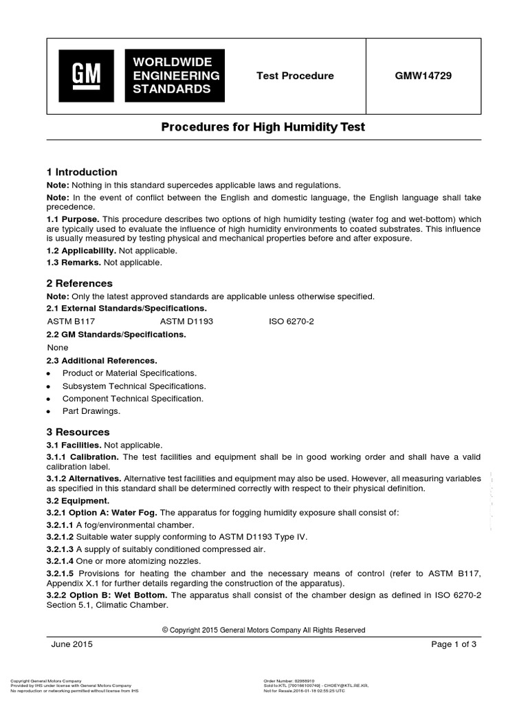 Worldwide Engineering Standards: Procedures For High Humidity Test ...