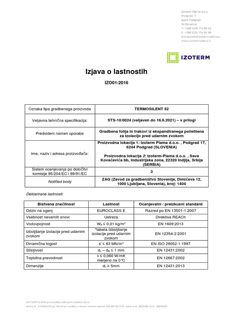 Termosilent Izjava o Lastnostih PDF | PDF