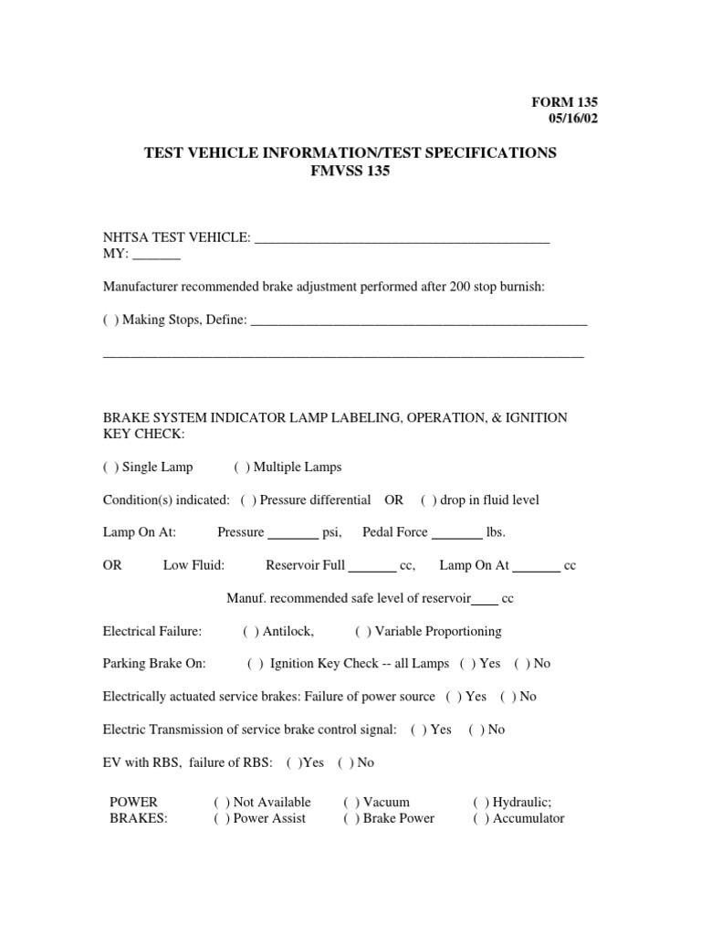 Test Vehicle Information/Test Specifications FMVSS 135: FORM 135 05/16 ...