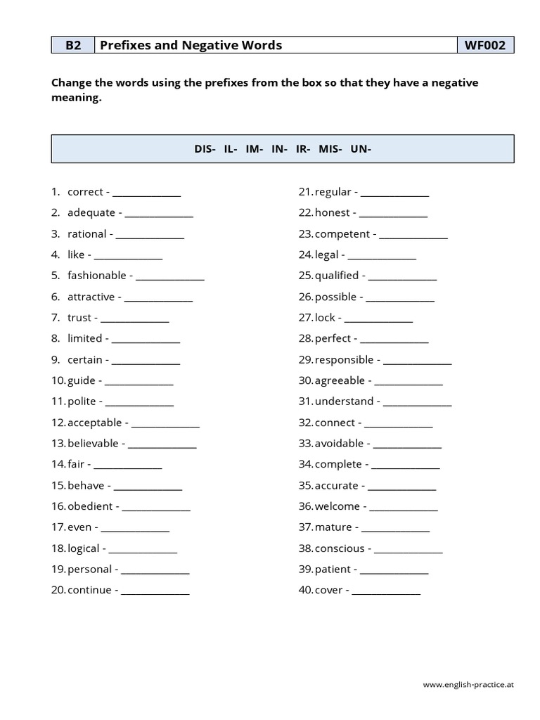 B2 Prefixes and Negative Words WF002 | PDF | Psychological Concepts