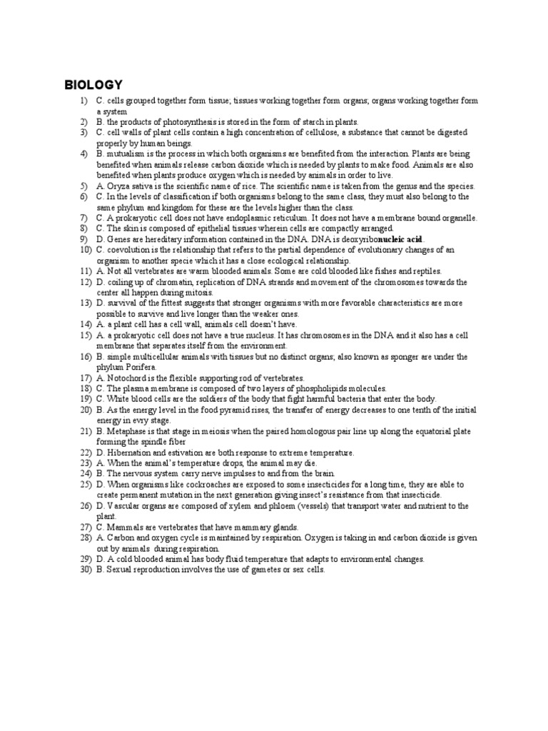 Biology Worksheet Answers | PDF | Cell (Biology) | Organisms
