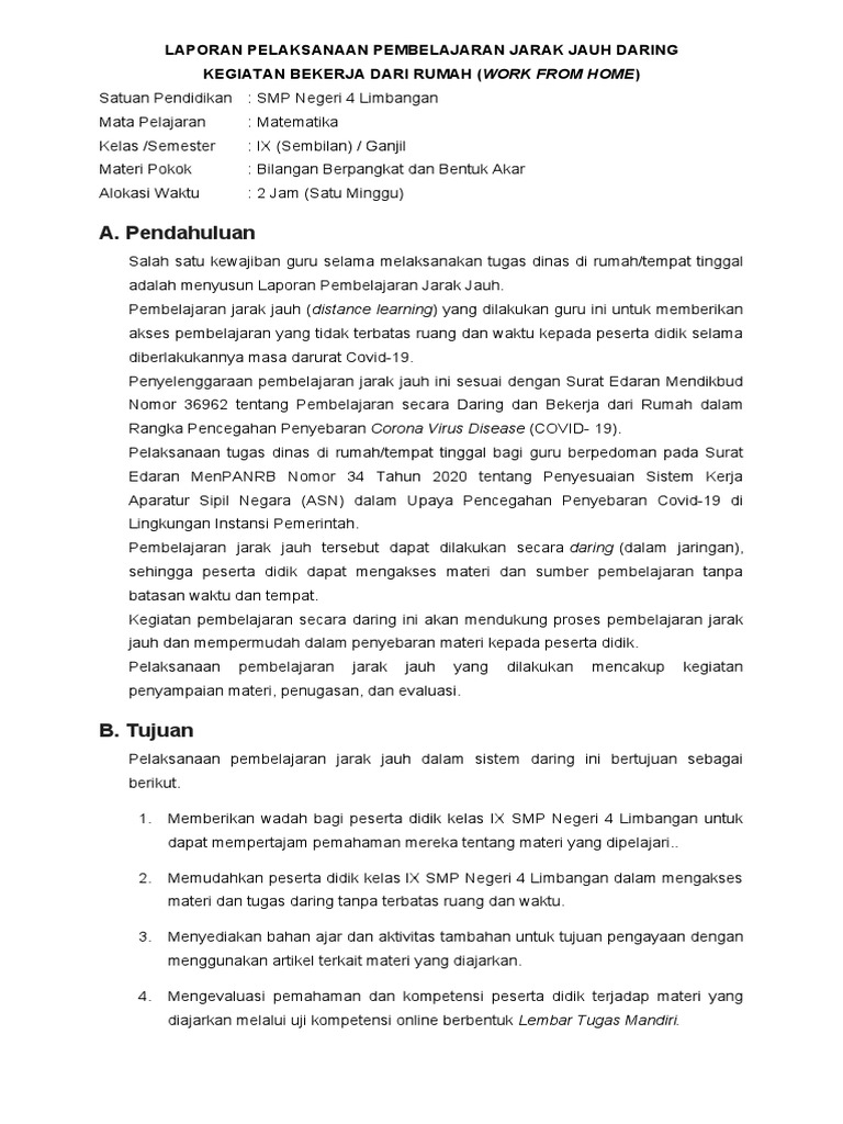 Laporan Pelaksanaan Pembelajaran Jarak Jauh Daring | PDF