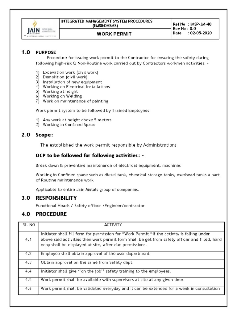 Work Permit: OCP To Be Followed For Following Activities | PDF | Safety ...
