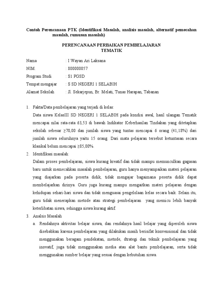 Contoh Rancangan PTK Pembelajaran Tematik | PDF