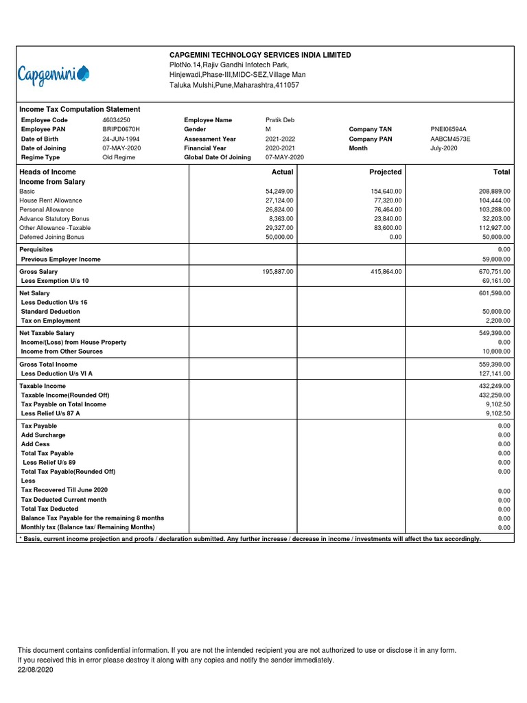 Capgemini Technology Services India Limited | PDF | Tax Deduction ...