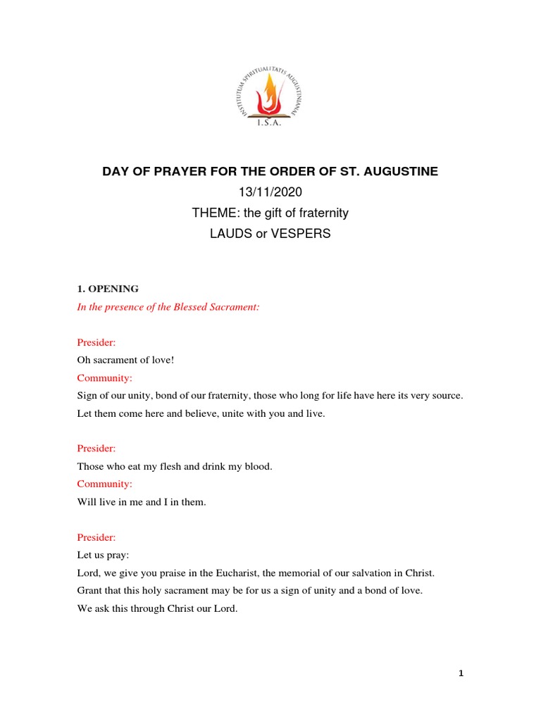 Day of Prayer For The Order of St. Augustine: 13/11/2020 THEME: The ...